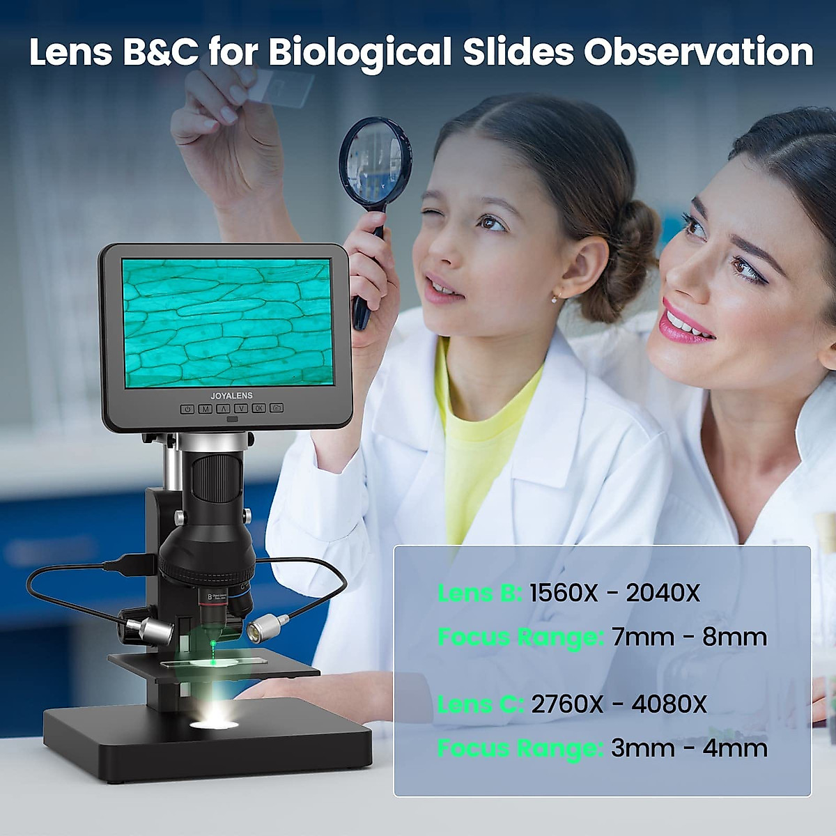 JOYALENS JL246PS 3 Lens HDMI Digital Microscope, UHD 4000× 24MP Biological Microscope with Prepared Slides, Coin Microscope for Full-Size Coin Error Coins, 7'' LCD Screen, Windows PC Compatible, 32GB