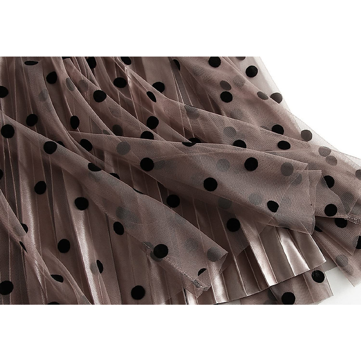 Qoinied Women's Polka Dot Mesh Half-Body Skirt High-Waisted Draped Pleated Skirt Large Hem Tulle A-line Midi Skirts Khaki