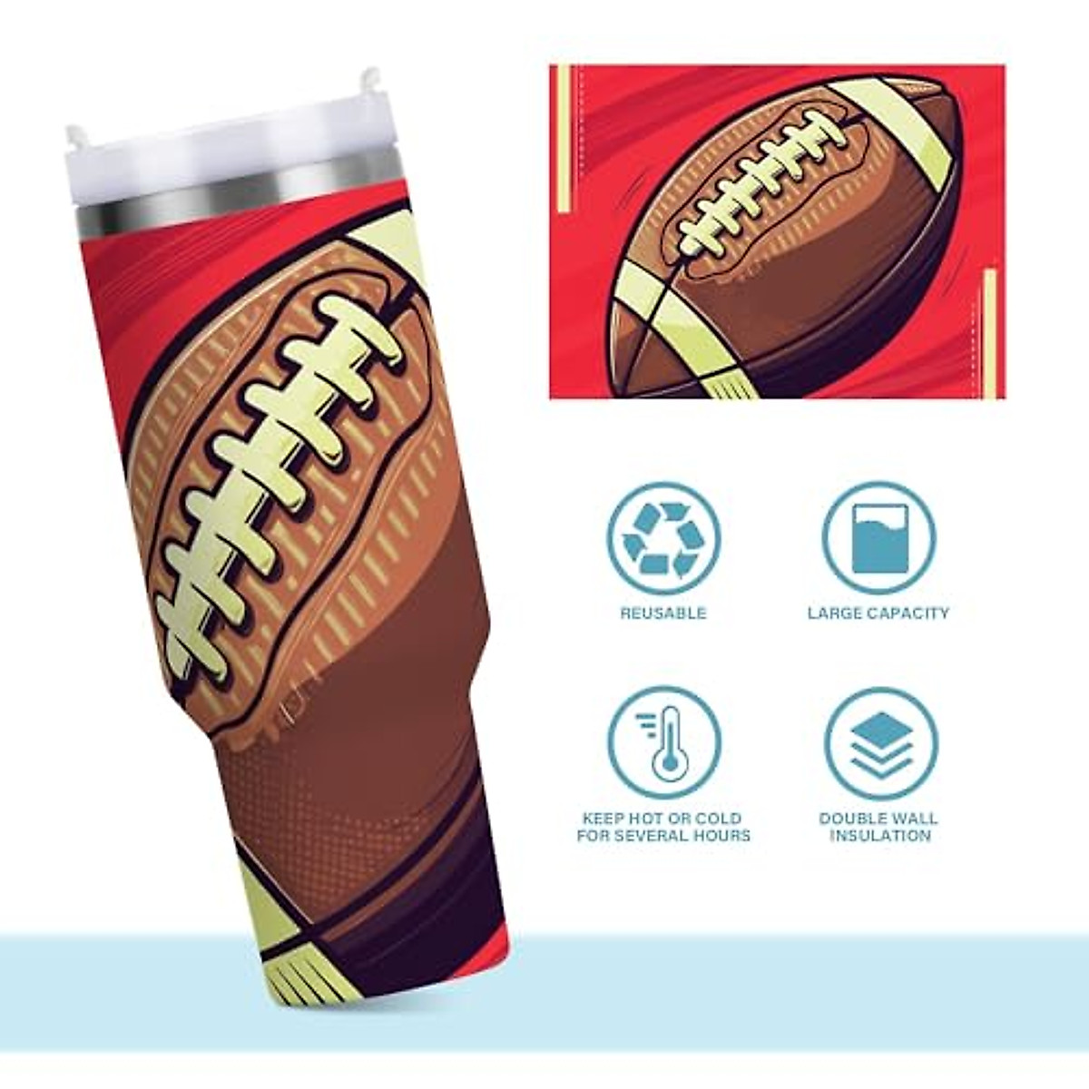 ODAWA 40oz Double Wall Insulated Tumbler, American Football Red Steel Insulated Tumbler with Lid and Straw