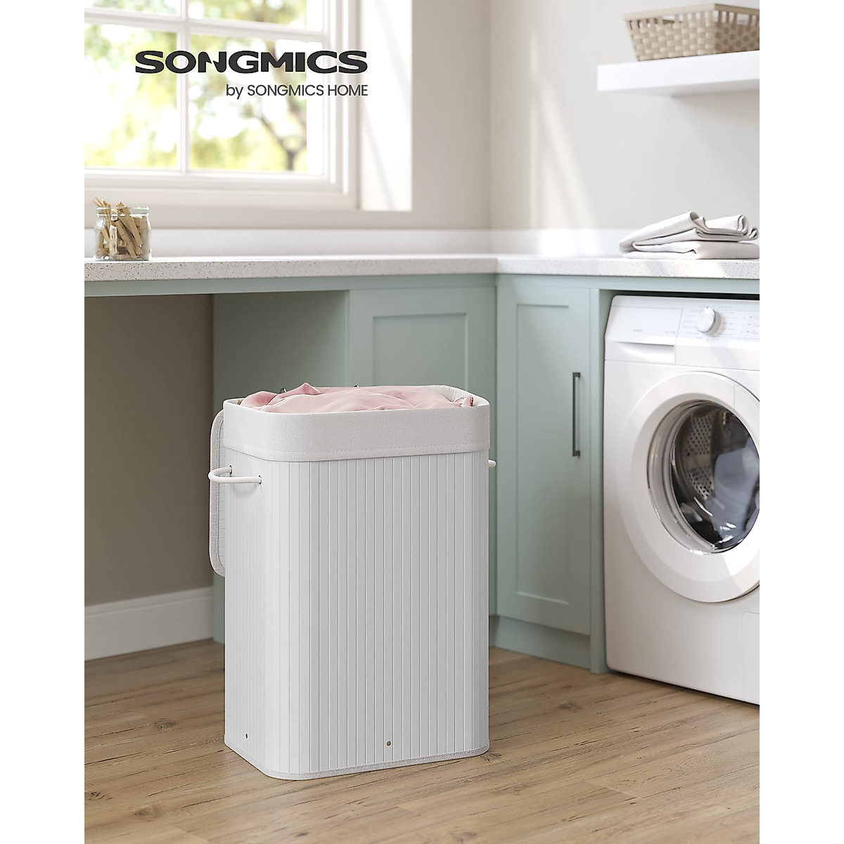 SONGMICS Foldable Laundry Hamper with Lid, 19 Gal. Bamboo Laundry Basket, Rectangular Storage Hamper with 3 Handles, 15.7 x 11.8 x 23.6 Inches, for Laundry Room, Bedroom, White ULCB010W01