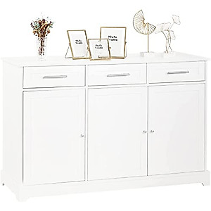 VINGLI Sideboard Cabinet Buffet Table Kitchen Storage Cabinet White Credenza Sideboards and Buffets with Storage Coffee Bar Cabinet with 3 Drawers and Doors for Home Kitchen, Dining Room, Living Room