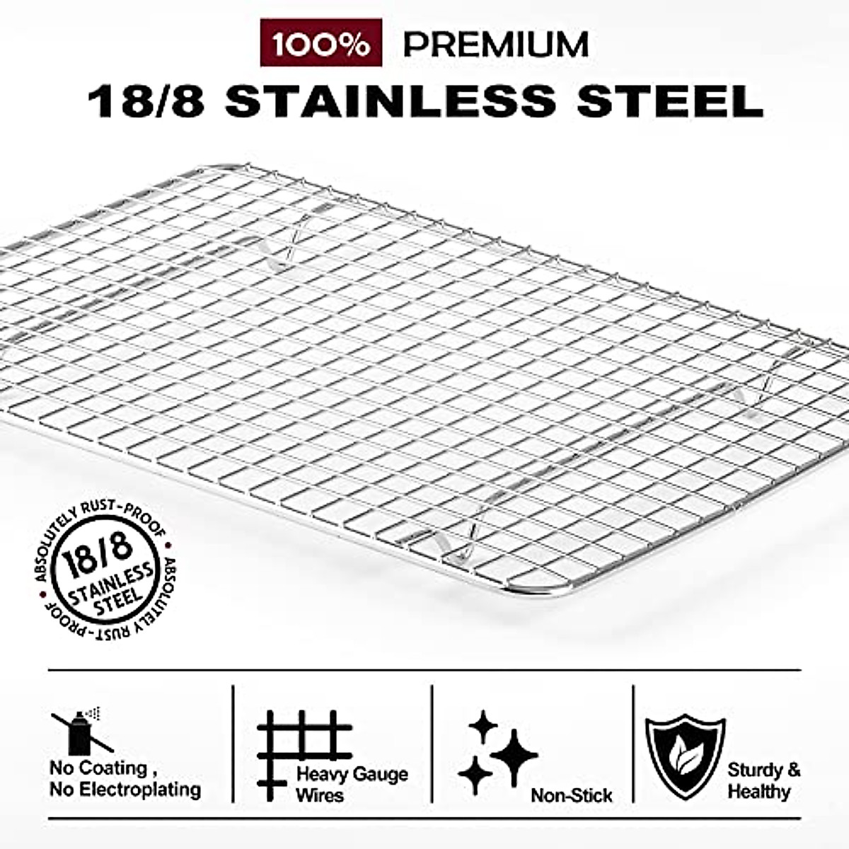 18/8 Stainless Steel, Cooling Rack for Baking with Lifting Handle, 8.5”x 12” Baking Rack, Oven and Dishwasher Safe, Wire Rack for Cooking, Roasting, Grilling, Fits Quarter Sheet Pan