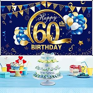 Blue Happy Birthday Banner Decorations for Men, Blue Gold Birthday Backdrop Party Supplies, Birthday Photo Background Sign Decor (blue 60th)