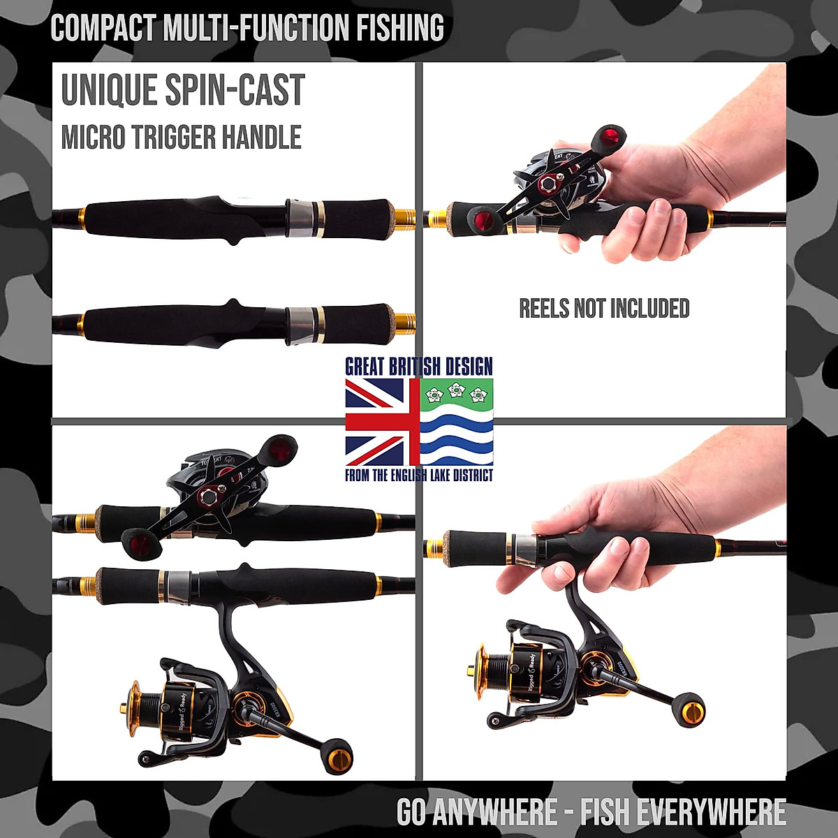 Rigged and Ready Predator Baitcaster Spin Travel Fishing Rod. Hi-Carbon Cast Spinning Pole Unique Micro Trigger +2 Tips 220+185cm (6’+7’3”) Angling Options Max Cast Weight 30g(1oz) 80g(2 3/4oz)