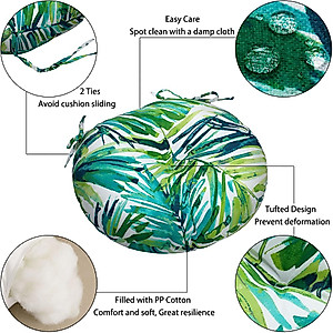 Magpie Fabrics 15" Round Bistro Seat Cushions with Ties, Set of 2, Waterproof All Weather Tufted 4" Thick Patio Chair Pads for Home Garden Dining Metal Stool - Green Palm Leaves