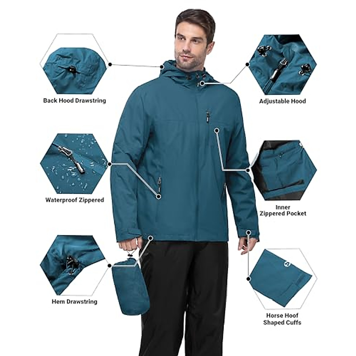 Outdoor Ventures Men's Packable Rain Jacket Waterproof Windbreaker Lightweight Raincoat with Hood