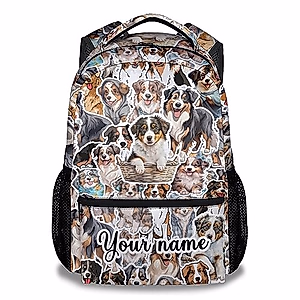 AIOMXZZ Personalized Australian Shepherd School Backpack for Kids, 16 Inch Grey een Dog Backpacks for Girls Boys, Cute, Durable, Lightweight, Large Capacity Bookbag for Travel