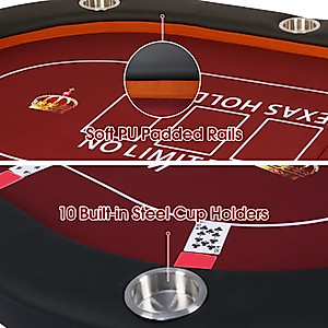 Koreyosh 91'' Folding Poker Table 10 Players Casino Poker TableTexas Holdem Poker Table Game Table with Stainless Steel Cup Holder(Red)