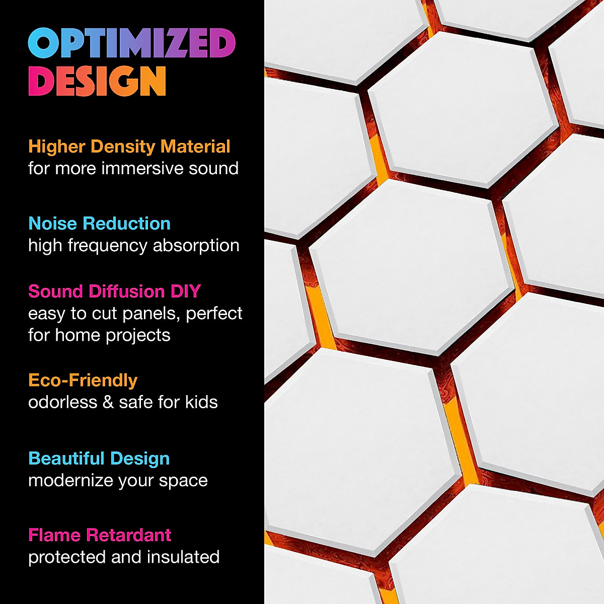 Sonic Acoustics 12 Pack Hexagon Acoustic Panels, 14" X 12" X 0.4" High Density Sound Absorbing Panels Sound Proof Insulation Beveled Edge Studio Treatment Tiles (White)