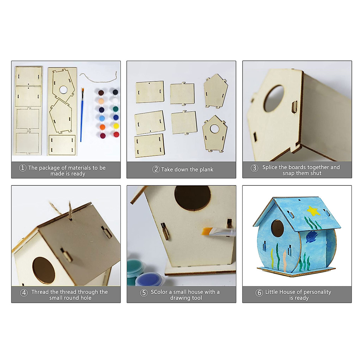 Aulufft 18pcs DIY Wooden Bird House Tool Set,Wooden Arts Wind Chime Kits with Pigments and Brush,Simulation Butterfly Accessories,Birdhouse Crafts for DIY Paint