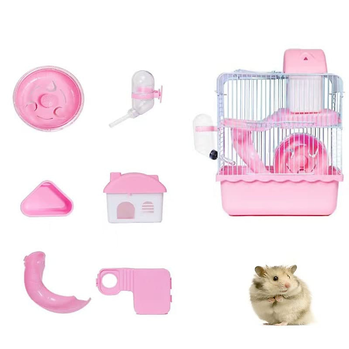 Zhang Ku 2-Tier Portable Travel Cage for Small Animals, Dwarf Hamster Travel Carrier with Carry Handle Exercise Wheel Water Bottle and Food Dish, 6.7 x 11.8 x 9.1 Inch (Pink) (SSS441)