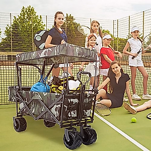 Arlopu Collapsible Garden Cart w/Removable Canopy, Extra Large Folding Utility Wagon Carts w/7" Wheels, Heavy Duty Outdoor All Terrain Beach Wagon for Camping, Shopping, Picnic, Sports (Camouflage)