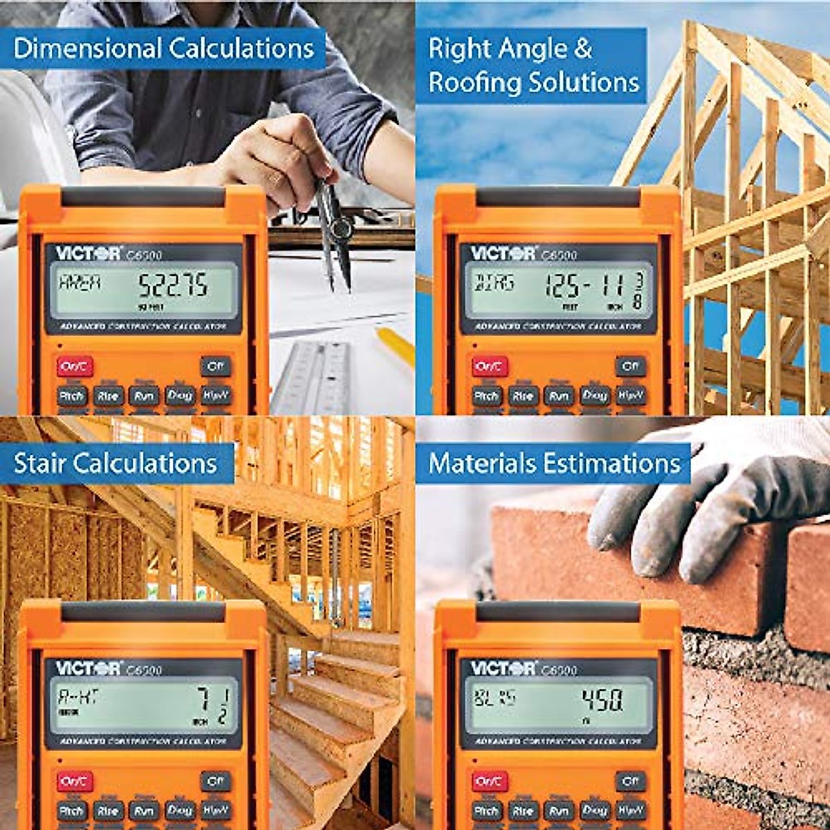 Victor C6000 Advanced Construction Calculator with Protective Case Displays in Fractional or Dimensional Forms Perfect for Carpenters, Renovators,Builders, Contractors, Estimators