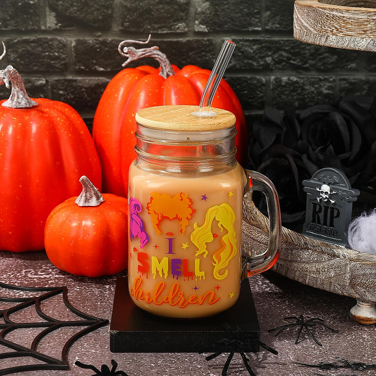 Whaline Halloween Mason Jar Mug with Handle 18oz Hocus Pocus Mason Jar Drinking Glasses Halloween Witch Ice Coffee Cups Glass Mugs Tumbler with Lid and Straw for Iced Coffee Tea Soda Cocktail Gifts