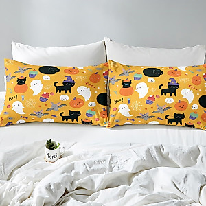 Erosebridal Halloween Bedding Set Queen,Pumpkin Lantern Duvet Cover Cartoon Ghost Comforter Cover Cute Cat Bats Halloween Decoration,Halloween Candy Spider Web Gothic Skeleton Halloween Decor Orange