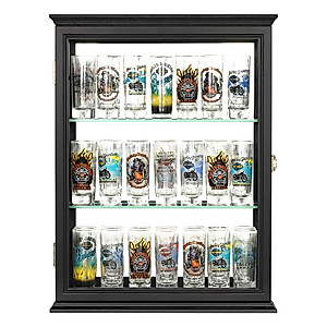 DisplayGifts Souvenir Shot Glass Display Case Shadow Box Wall Mounted Cabinet Mirror Background Black