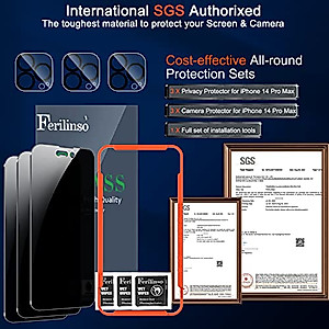 Ferilinso [3+3 Pack] for Apple iPhone 14 Pro Max Privacy Screen Protector Tempered Glass Accessories 3 Pack 9H Anti Spy Privacy Screen For iPhone 14 Pro Max 3 Pack Camera Lens Protector
