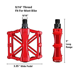 Bike Pedals Mountain Bike Pedals Aluminum CNC Bearing Bicycle Pedals, Road Bike Pedals with 16 Anti-Skid Pins Lightweight Platform Pedals for BMX/MTB Bike 9/16" Spindle Red