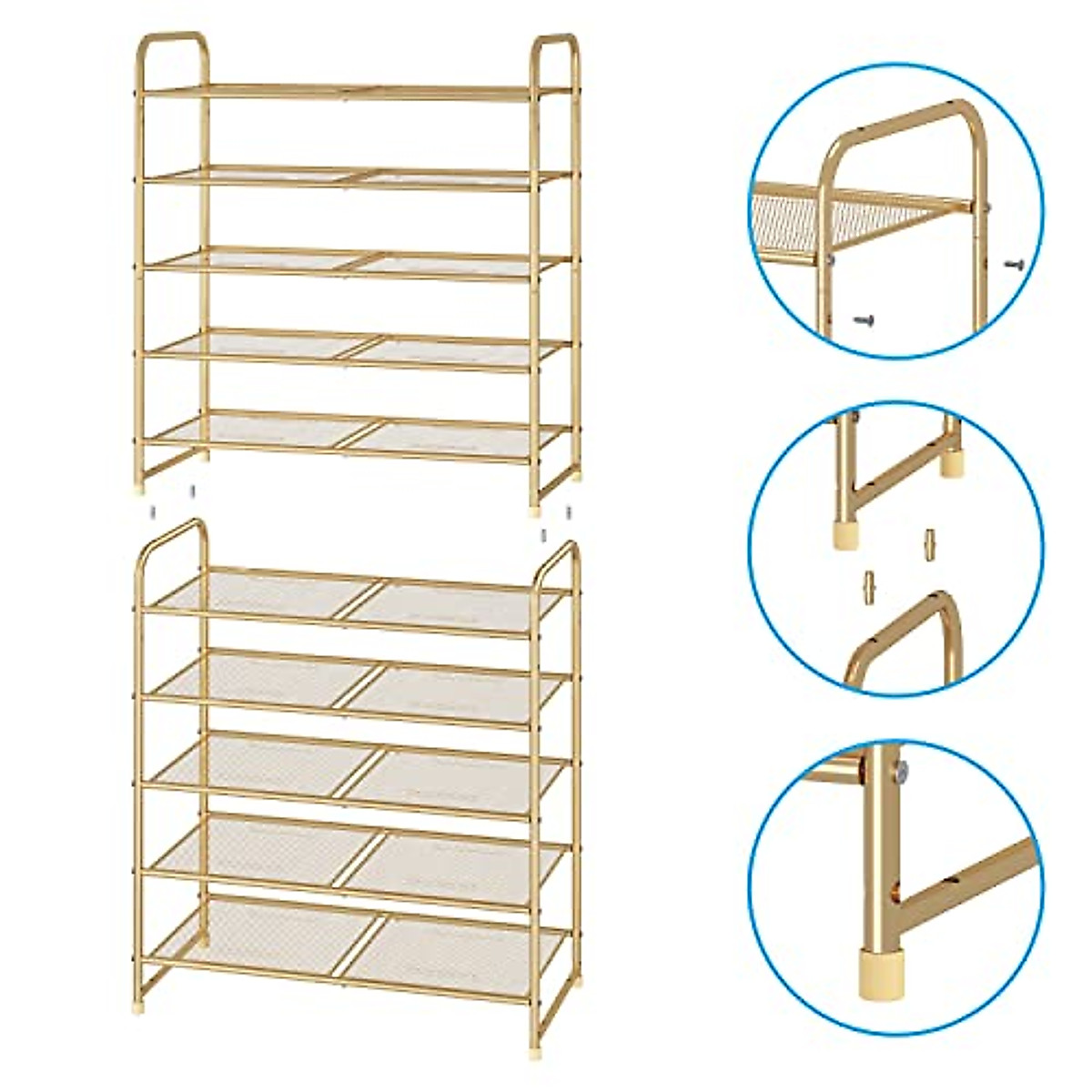 Simple Trending 5-Tier Stackable Shoe Rack, Expandable & Adjustable Shoe Shelf Storage Organizer, Metal Mesh, Gold