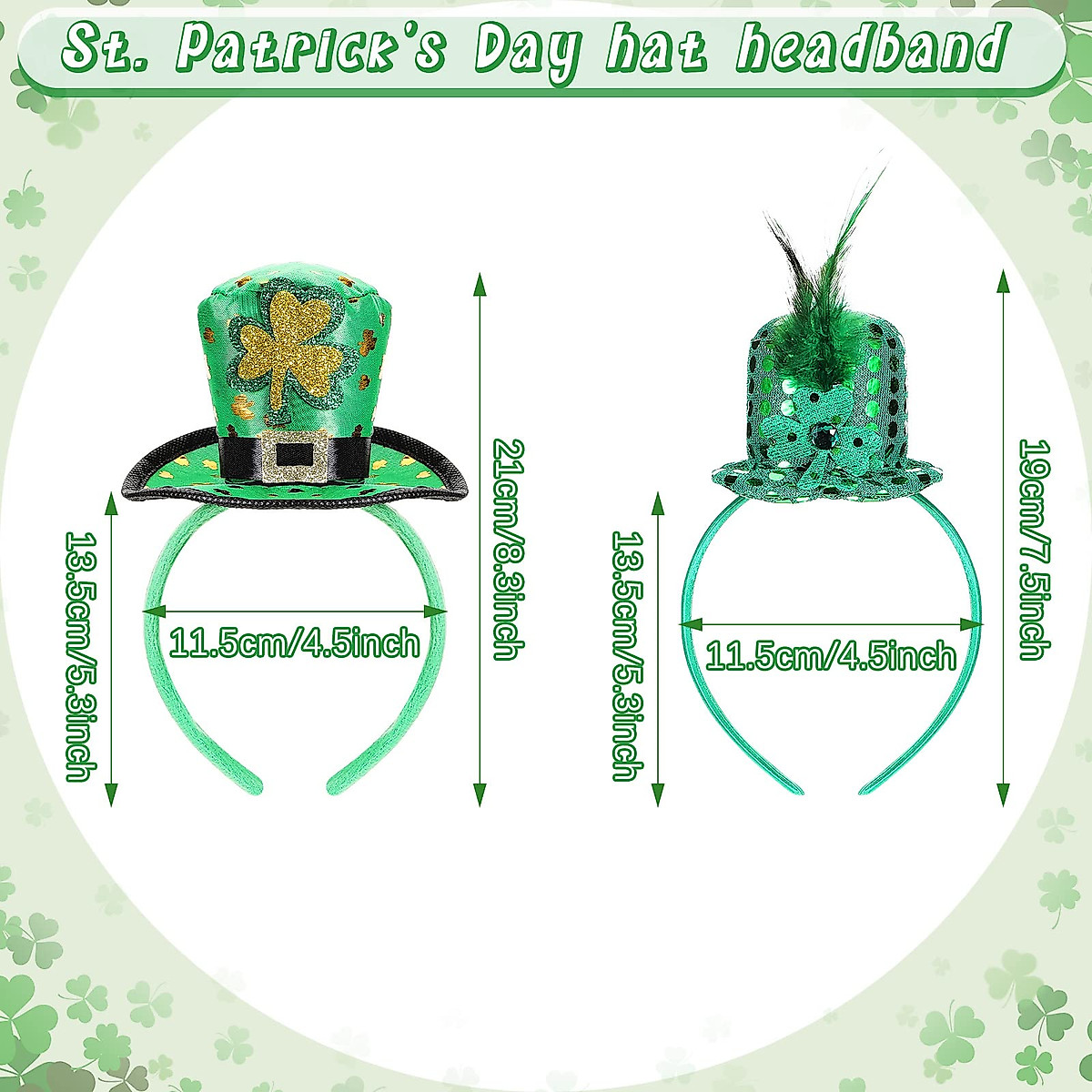 2 Pieces St. Patrick's Day Top Hat Headband Irish Sequin Shamrock Green Hat Headband Saint Patty's Day Headband St Patricks Day Headwear Accessories Irish Feathered Headbands for Women and Children