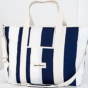 Business & Pleasure Co. Holiday Cooler Tote Bag - Cute Vintage Beach Tote Bag - Totes Drinks or Beach Essentials - Leakproof Lining - Navy Crew Stripe, 42L