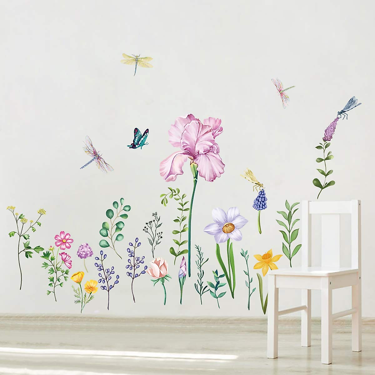 decalmile Garden Flower Wall Decals Narcissus Iris Floral Dragonfly Wall Stickers Bedroom Living Room TV Wall Home Decor
