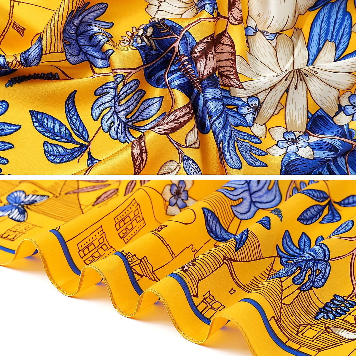 STARWHISPER 100% Pure Mulberry Silk Square Scarf-27''x27 Lightweight Neckerchief Hair Scarves Headscarf Night Sleeping with Gift Packed (Yellow Blue morning glory)