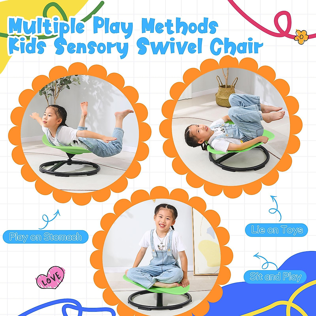 Leyndo Kids Sensory Chair Swivel Spinning Chair for Autism Kids Toddlers Wobble Chair Seat Rocking Chair for Kids Improve Balance Relief of Motion Sickness (Green,Egg Shape)