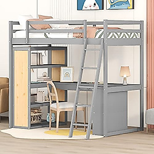 Harper & Bright Designs Loft Bed with Desk and Drawer, Wood Twin Desk,Shelves Cabinet Underneath, High Storage for Kids, Boys,Girls,Teens (Grey), Twin(Desk+Shelves+Ladder)