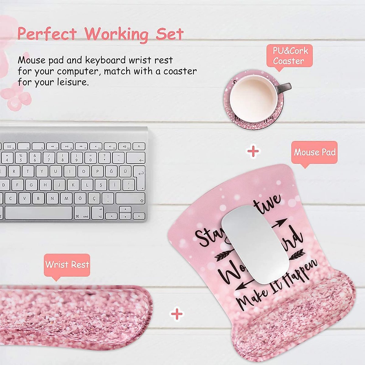 iCasso Ergonomic Mouse Pad with Wrist Support Set, Keyboard Wrist Rest+ Mouse Wrist Rest Pad + Coaster, Non-Slip Base Cute Mouse Mat, Pain Relieve Desk Mousepadfor Computer (Pink Stay Positive)