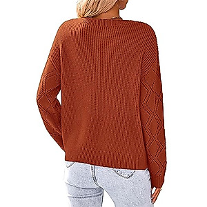 KIRUNDO Women’s 2023 Fall Casual Crochet Long Sleeve Lace V Neck Ribbed Knit Pullover Sweater Tops Rust Red