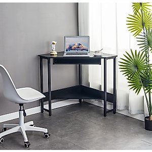 Triangle Computer Desk, Corner Desk with Pull-Out Keyboard Tray & Storage Shelves, Home Office Compact Desk, Gaming Table with Sturdy Steel Frame as Workstation for Small Space (Black)
