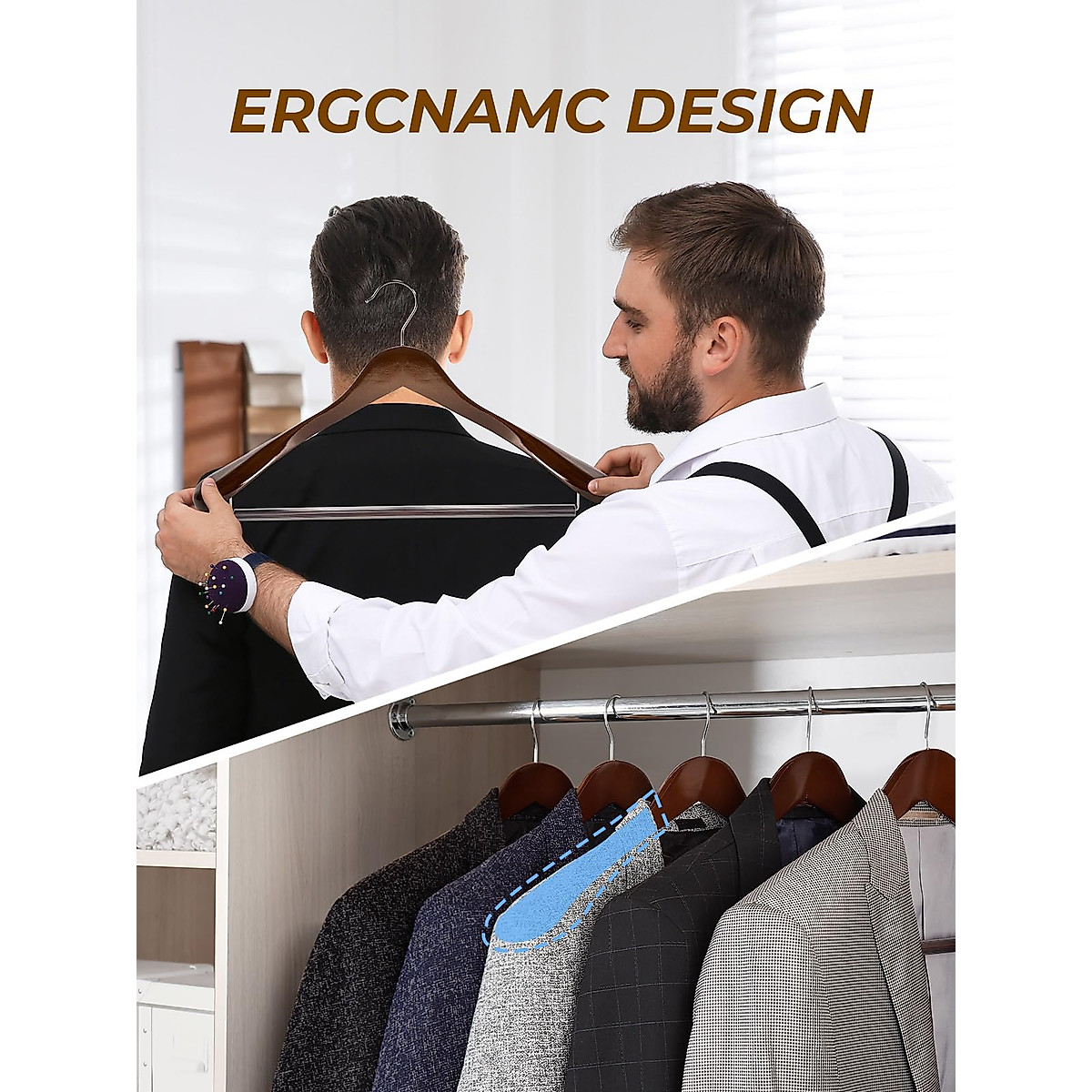 HOUSE DAY Wide Shoulder Wooden Hangers, Wood Suit Hangers with Non Slip Pant Holder, Heavy Duty Coat Hangers for Closet, Wooden Clothes Hangers for Suits, Coats, Jackets, Shirts (6 Pack, Walnut)