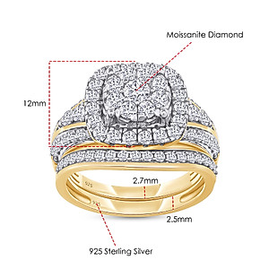 SAVEARTH DIAMONDS 1 1/4 CTTW Round Lab Created Moissanite Diamond Double Halo Bridal Set Wedding Ring In 14k Yellow Gold Over Sterling Silver (1.25 Cttw) Size-6.5