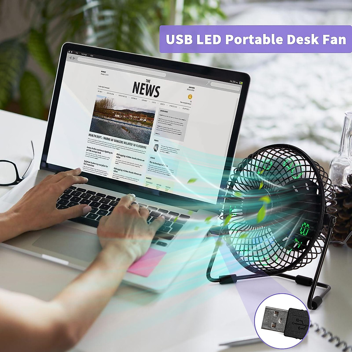 Justup USB LED Fan Portable Desk Fan With Real Time Date and Temperature Display Personal Table Cooling Fan 360°Rotation Durable for Home and Office (Metal Design Low Noise 5 Inch, Black) (SW)
