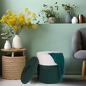 Yimi's Dream Basket with Lid, Medium Woven Baskets for Storage and Organizing, Small Cotton Rope Basket with Handle for Baby Gifts, Laundry, Toy (12''D * 13.5''H, Green & White)