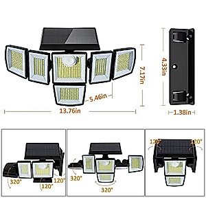 DazzLiteer Solar Lights Outdoor, 496 LEDs Motion Sensor Light, 6 Adjustable Heads 320° Wide Angle Flood Light, 3 Lighting Modes IP65 Waterproof Security Lights for Patio Perimeters, Garden (1 Pack)