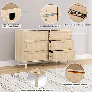 FUQARHY Rattan Dresser for Bedroom, Modern 6 Drawer Double Dresser with Gold Handles, Wood Storage Chest of Drawers fo Bedroom,Living Room,Hallway (Natural)