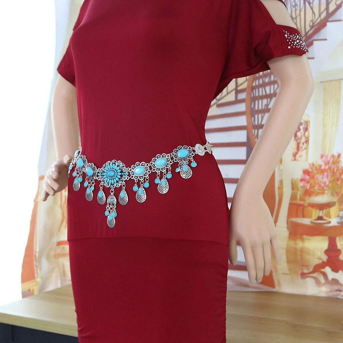 Vintage Flower Turquoise Chain Belts Silver Pear coin Pendant Metal Waist Belt Western Body Jewelry for for Women Dress Vest Jeans for Waistline 25-45inch (Silver Plated)