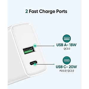 USB C Wall Charger, Dual Port 20W PD & QC 3.0 Fast Charging Block Plug Adapter Type C USB Charger Brick Compatible with iPhone 14/13/ 13 Pro Max/12/11 Pro Max, iPhone Xs/XR/X, Galaxy, Android
