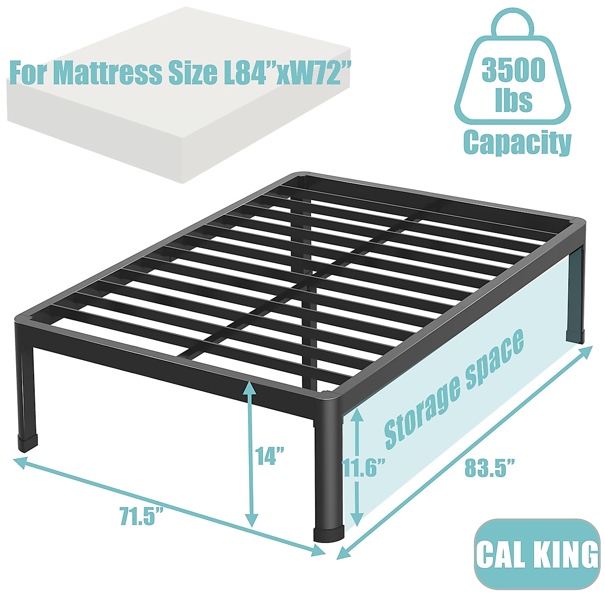 Yitong Angel California King Bed Frame with Round Corner Edge Legs, 14 Inch Tall 3500 lbs Heavy Duty Metal Platform Bed Frame California King Size, No Box Spring Needed/Noise Free/Non-Slip