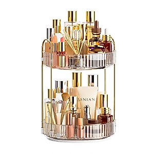 Devokimi Bathroom Organizer Countertop, Rotating Makeup Organizer for Vanity, 2-Tier Make Up Organizers and Storage, Vanity Tray Shelf for Cosmetic, Skin Care, Lotions (Clear)
