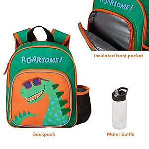 RALME Dinosaur Mini Backpack Set with Water Bottle and Insulated Lunch Pocket for Kids & Toddlers - 12 Inch, Green