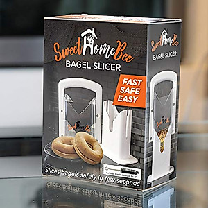 Sweet Home Bee Bagel Slicer, Stainless Steel Kitchen Guillotine Cutter with Safe Grip and Safety Shield for Bagels, Breads, Muffins, Buns, Rolls - Fast, Easy And Safe, White