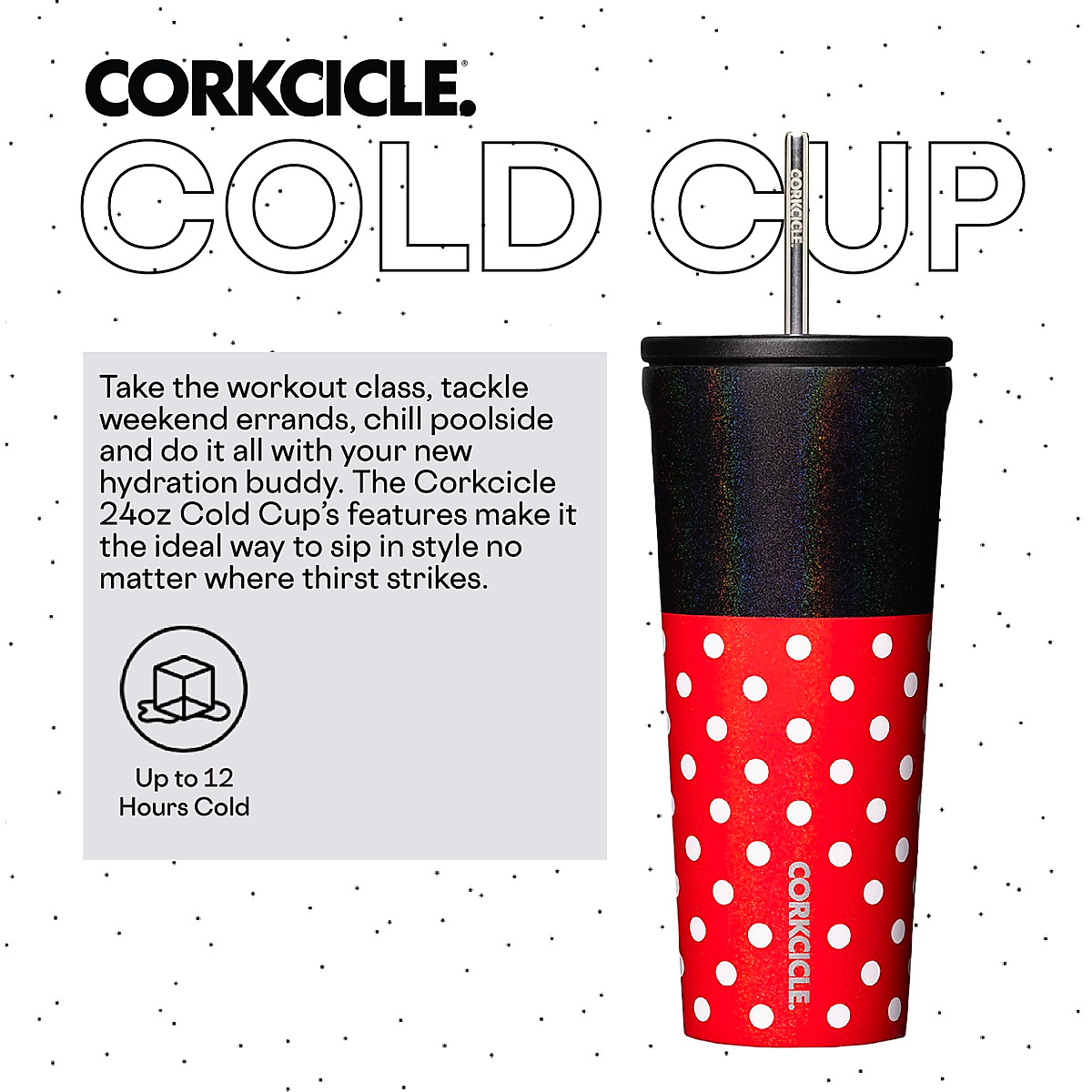 Corkcicle x Disney Minnie Mouse Cold Cup Insulated Tumbler with Lid and Straw, Polka Dot Red, 24 oz – Reusable Water Bottle Keeps Beverages Cold 12hrs, Hot 5hrs – Cupholder Friendly, Flexible Sip Lid