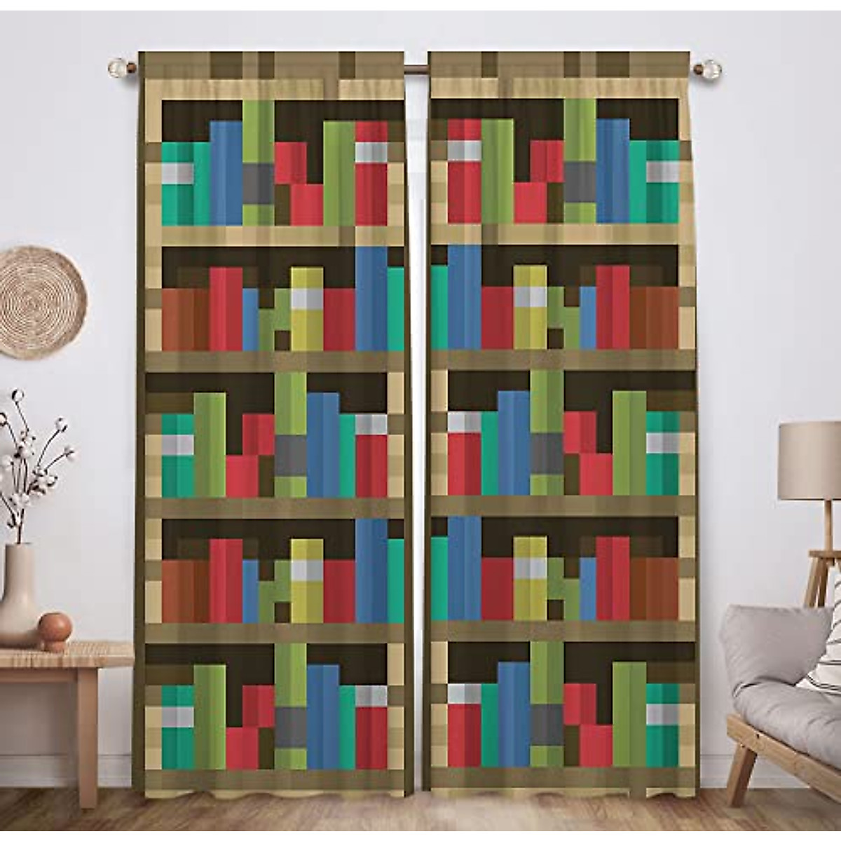 Allenjoy Pixelated Bookshelf Children Window Curtains for Boy Girl Baby Kids Room Bedroom Nursery Toddler Home Office Decor Decorations Durable Fabric Machine Washable 82 in x 84 in