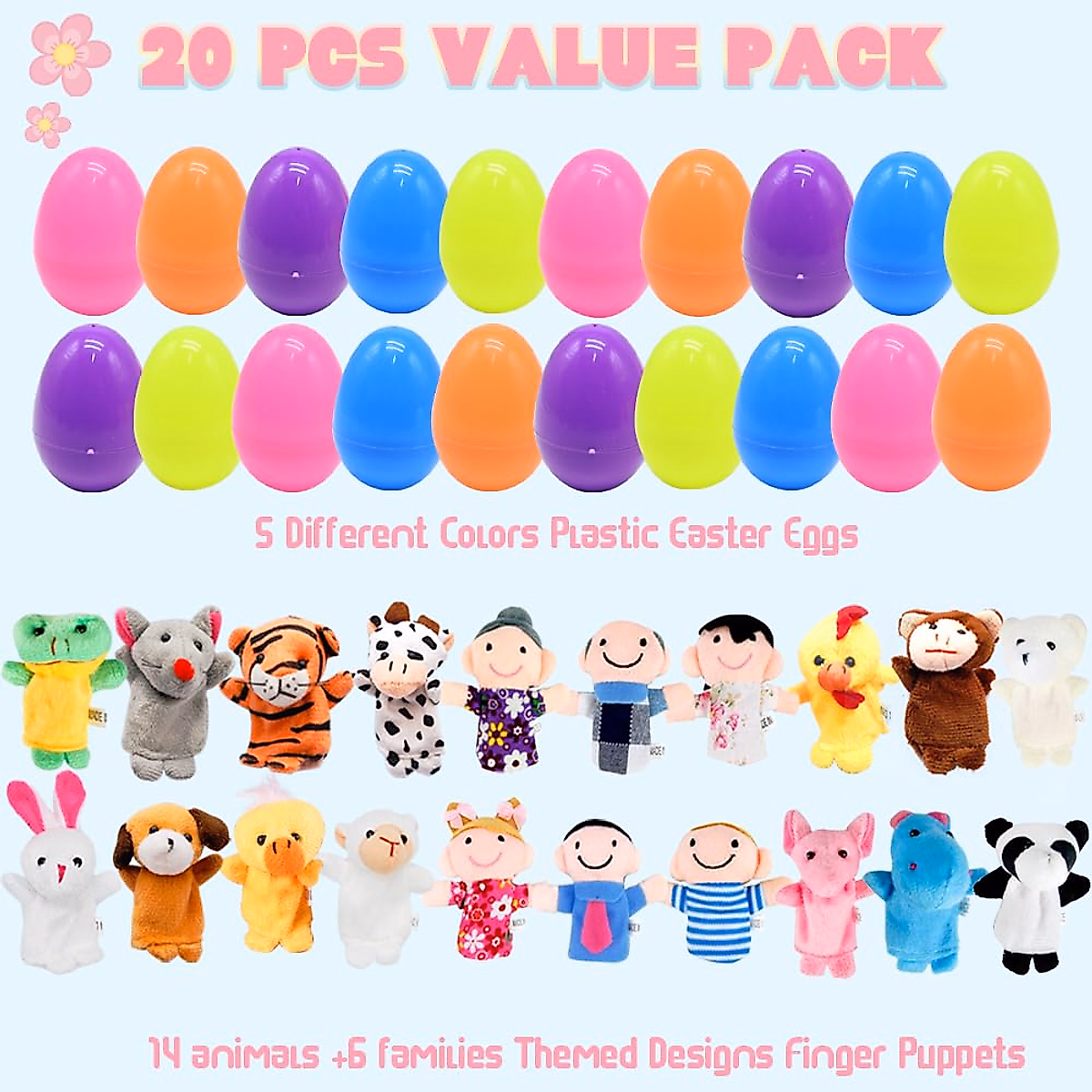 20PCS Easter Eggs Filled with Finger Puppets, Filled Easter Eggs with Family Animals Puppets for Kids, Easter Theme Party, Basket Stuffers Fillers, Easter Egg Hunt