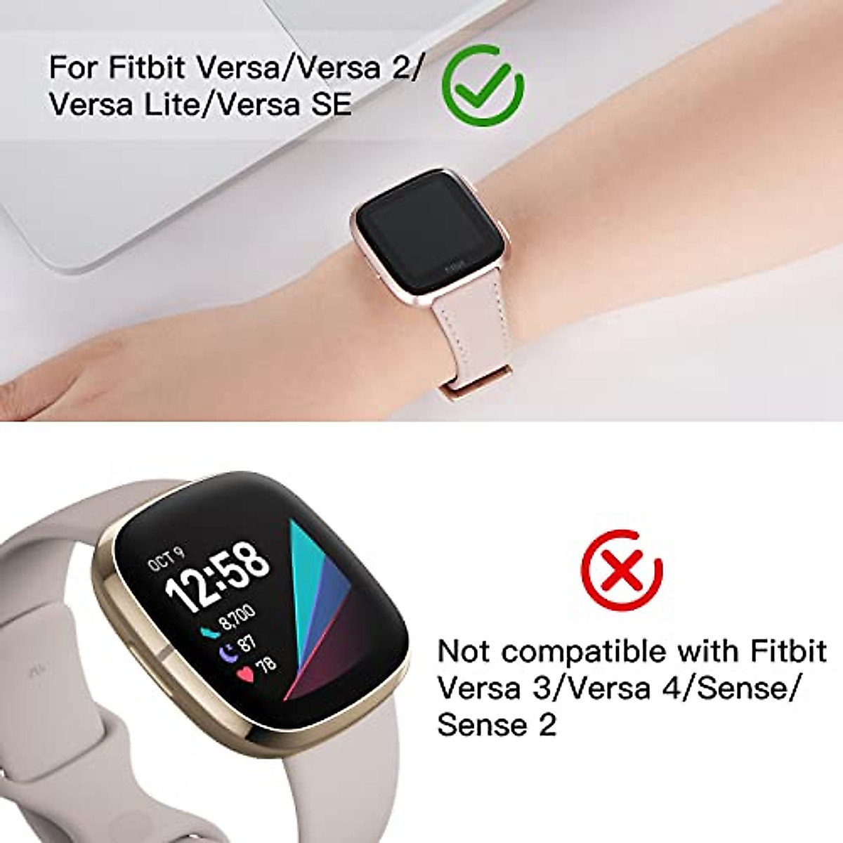 WFEAGL for Fitbit Versa Bands, Top Grain Leather Band Replacement Strap for Fitbit Versa/Versa 2 /Versa Lite/Versa SE Fitness Smart Watch (PinkSand Band+ Rosegold Buckle)