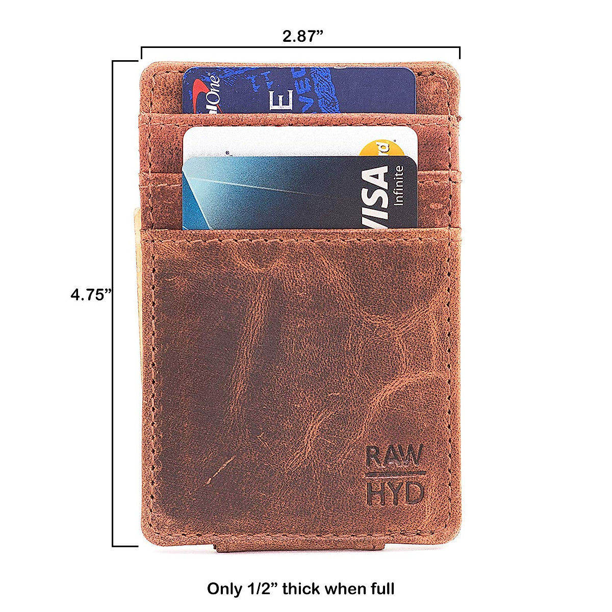 RAW HYD Men's Full-Grain Leather Slim Wallet with Money Clip - RFID Blocking, 5 Card Sleeves, Holds 15 Bills, Compact & Durable - Hunter Brown