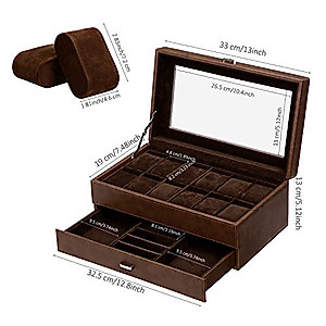 BEWISHOME Watch Box for Men Luxury Watch Organizer Faux Leather Watch Case with Jewelry Drawer, Real Glass Top, Metal Hinge, Brown SSH12Z